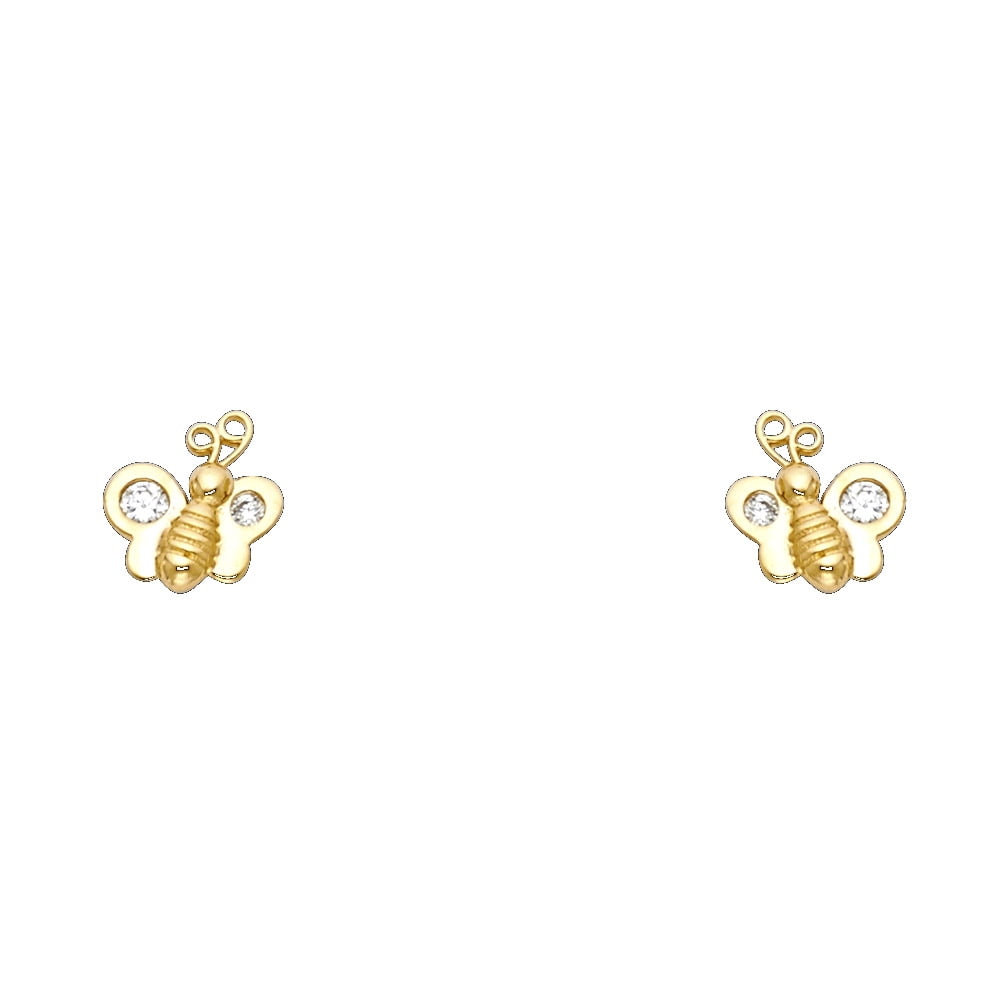 14K Yellow Gold CZ Tiny Honey Bee Bumble Bee Screw Back Stud Earrings ...