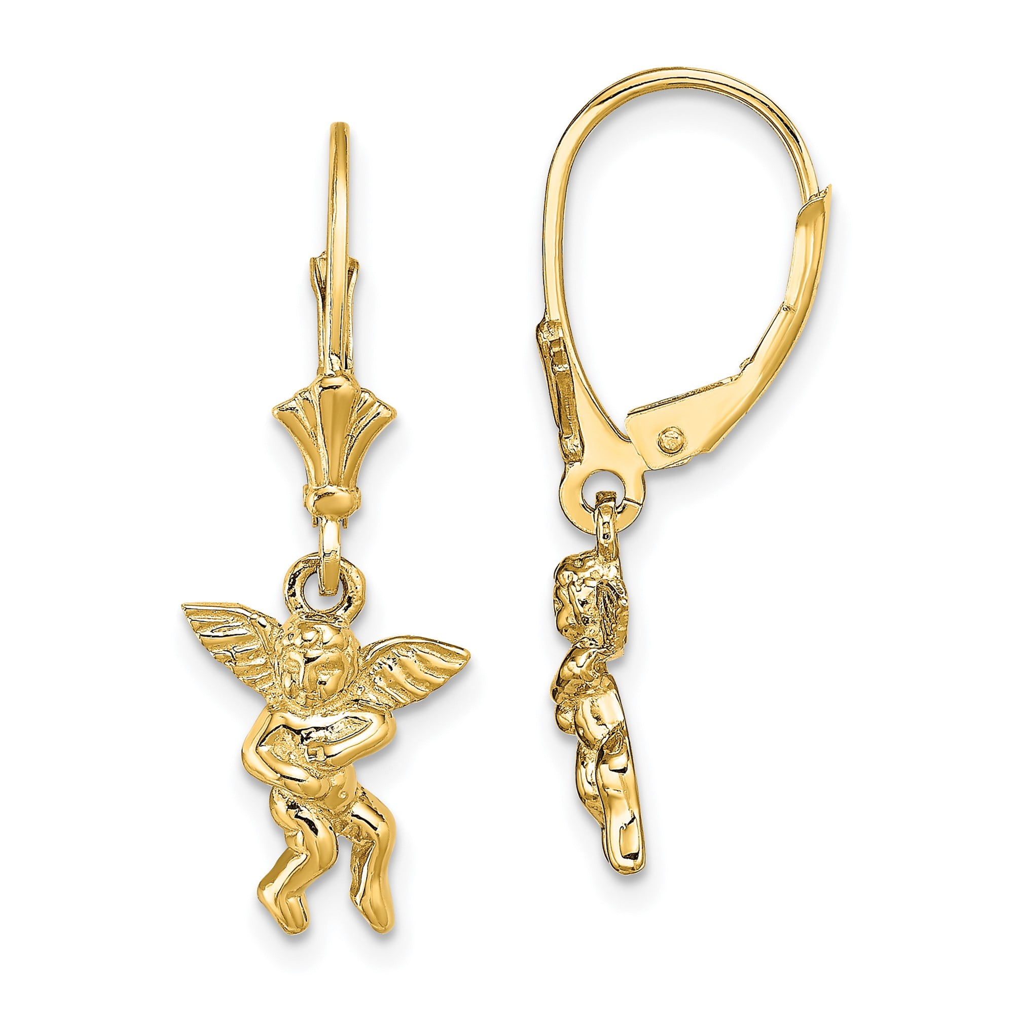 14K Yellow Gold Cherub Angel Dangle Earrings for Women, Leverback ...