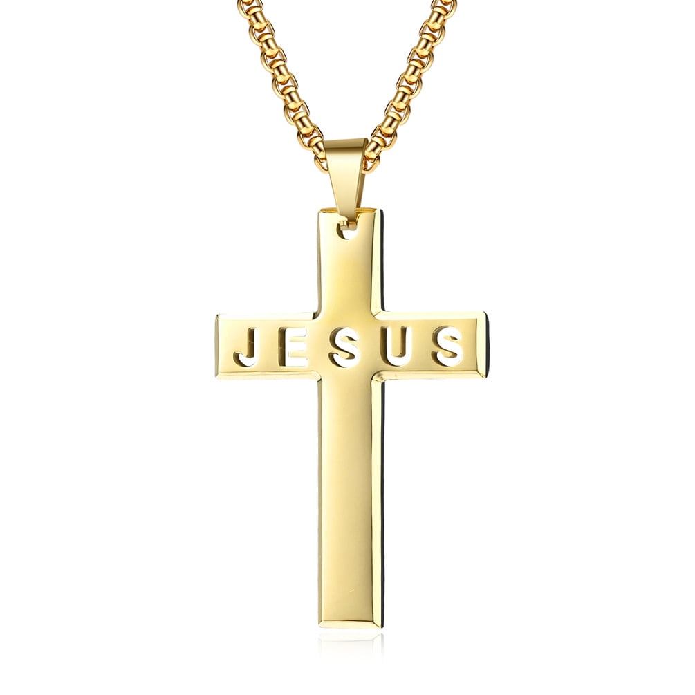 14K Yellow Gold Christian Cross Pendant Letter Amulet Necklace for Men ...