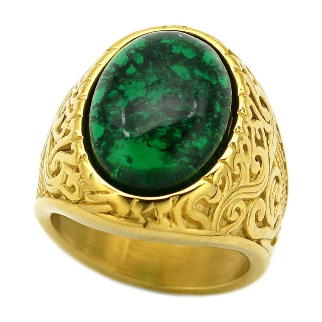 14K Yellow Gold Cool Unique Black full color Stone Ring Retro Old Totem ...