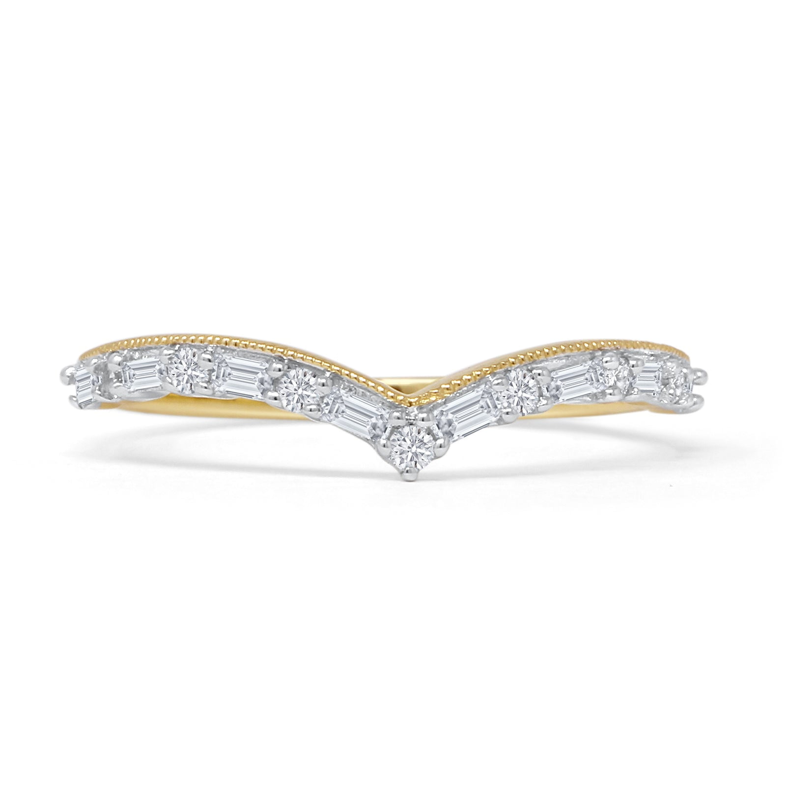 14K Yellow Gold Curved 0.22ct Contour Chevron Ring Natural Baguette ...