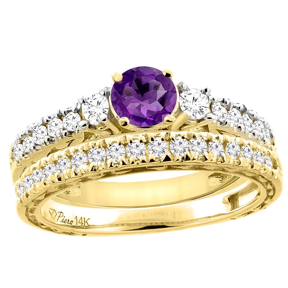 14K Yellow Gold Diamond Natural Amethyst Engagement 2-pc Ring Set ...