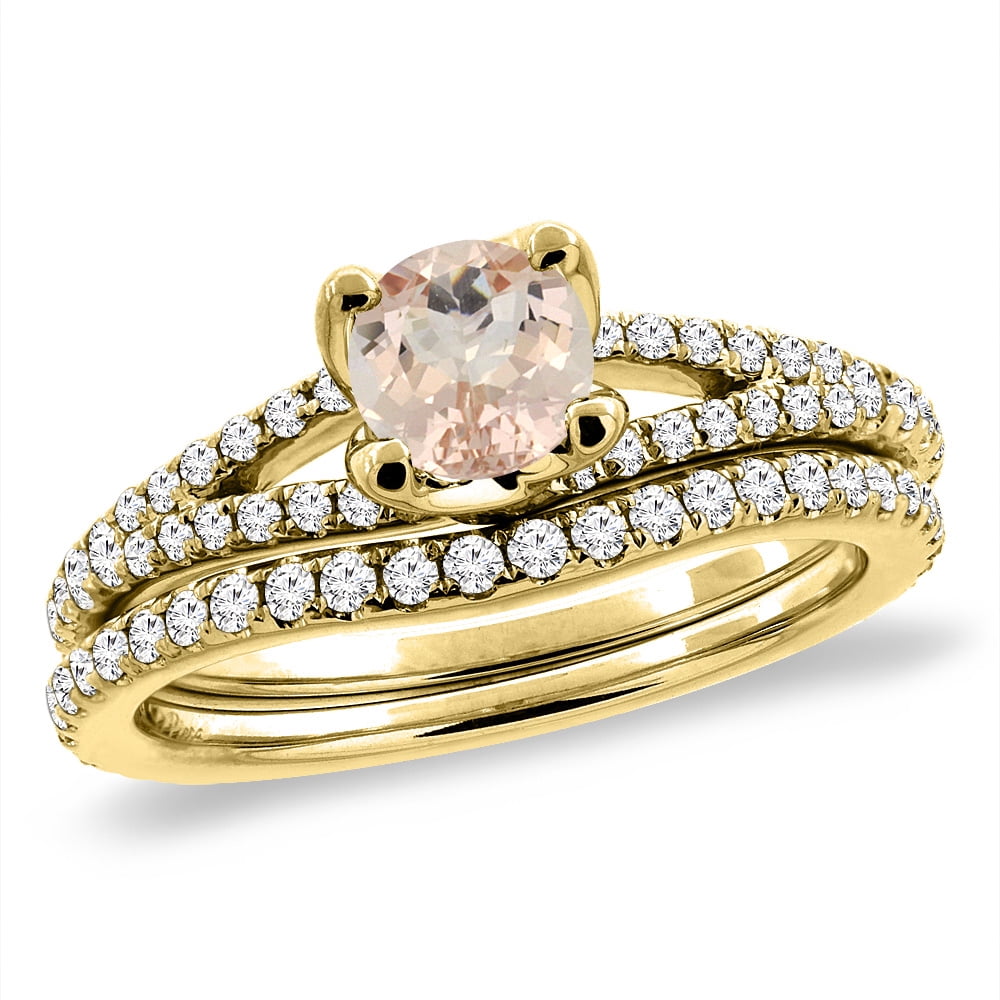 14K Yellow Gold Diamond Natural Morganite 2pc Engagement Ring Set Round ...
