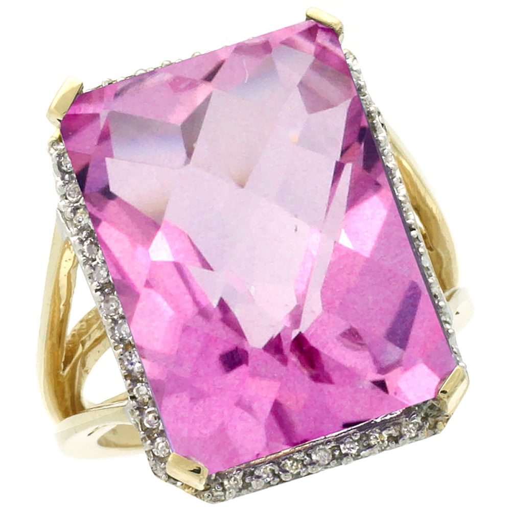 14K Yellow Gold Diamond Natural Pink Topaz Ring Emerald-cut 18x13mm ...