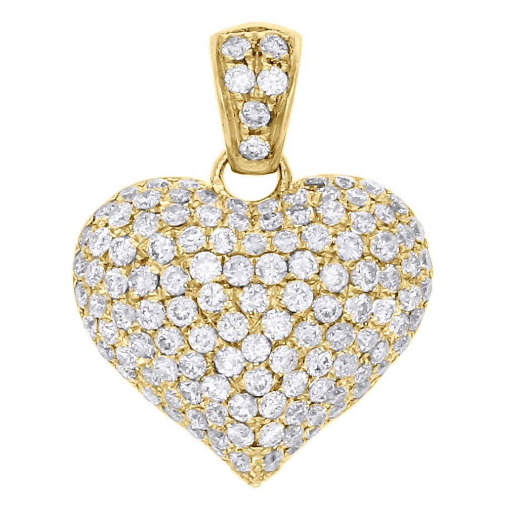 14K Yellow Gold Diamond Puff Heart Pendant 0.80" Ladies Pave Domed ...