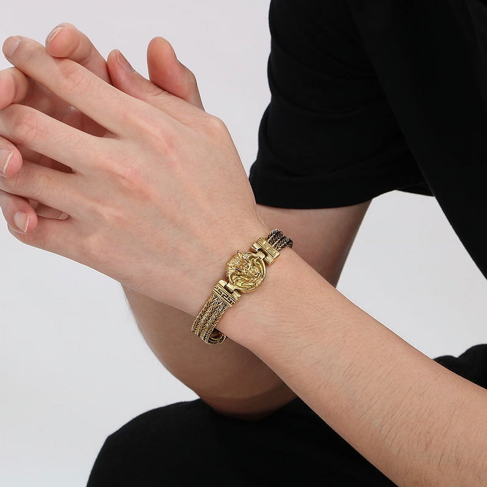 14K Yellow Gold Dragon Bone Chain Bracelet for Men Punk Charm Plug ...