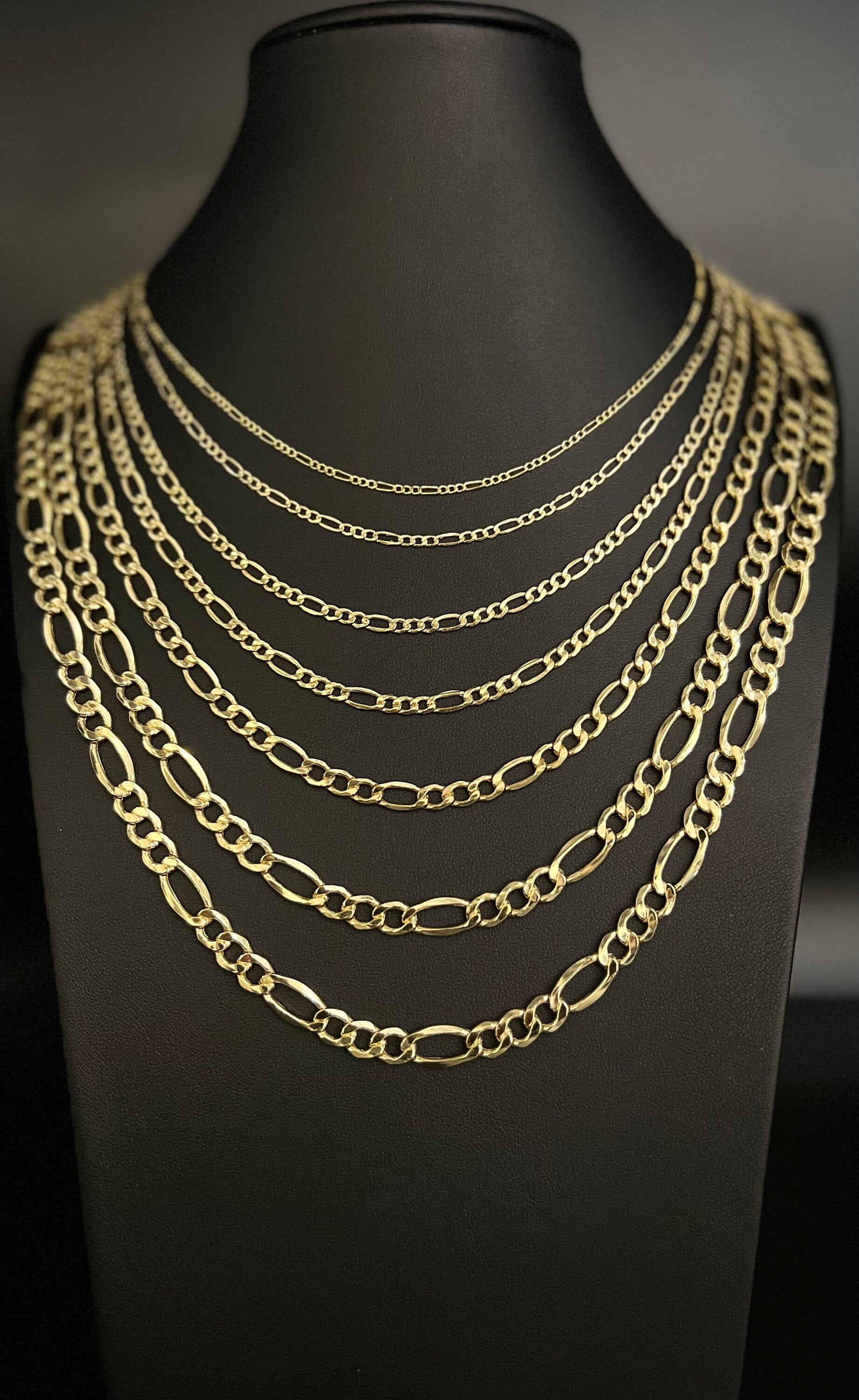 14K Yellow Gold Figaro Chain Necklace, 2mm - 7.5mm 16" - 28" Inch, 14k Thick Link Chain, Real ...