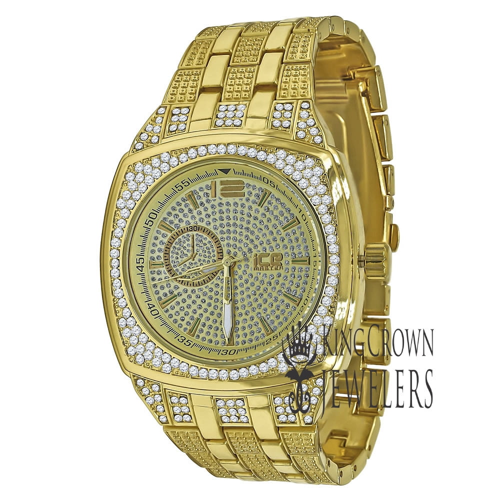 14K Yellow Gold Finish Simulated Diamonds Stainless Steel Back Analog ...