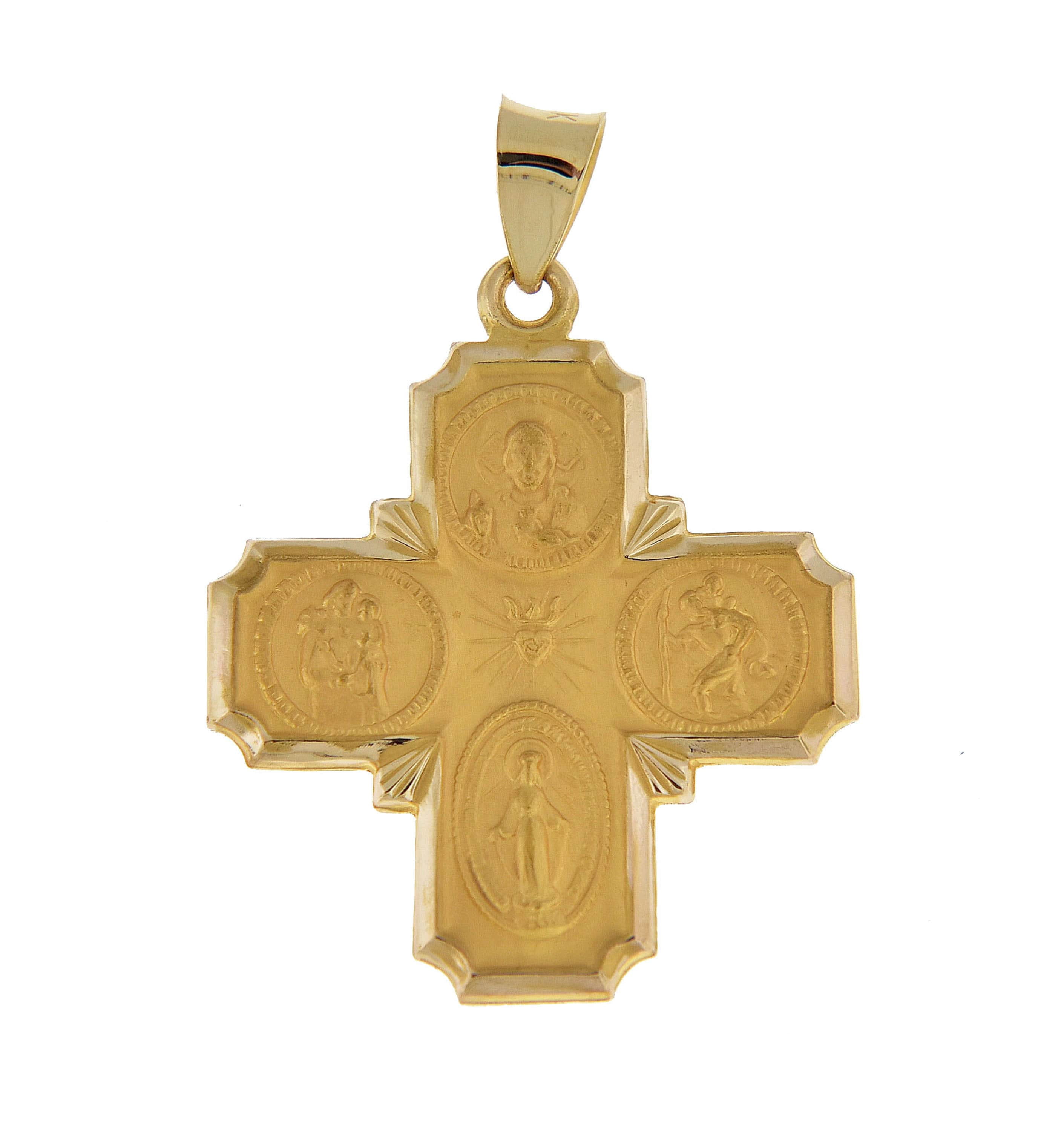14K Yellow Gold Four Way Medal Cross Sacred Heart St Christopher ...
