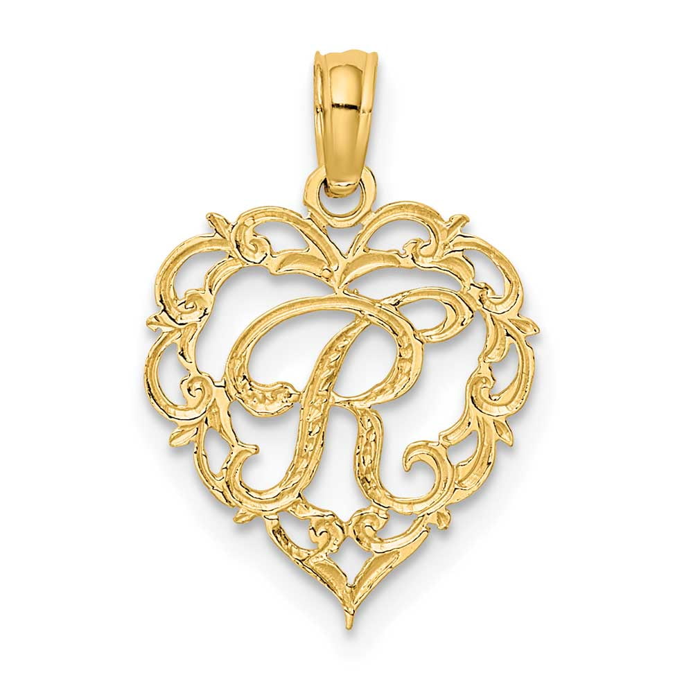 14K Yellow Gold Heart Shape Fancy Script Letter R Initial Charm Pendant ...