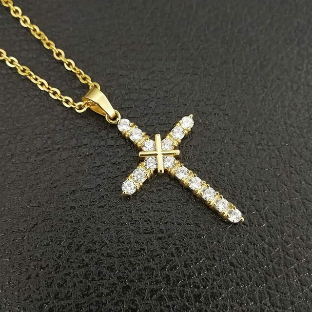 14K Yellow Gold Hip Hop Iced Out Double Cross Pendant Collar Chains ...