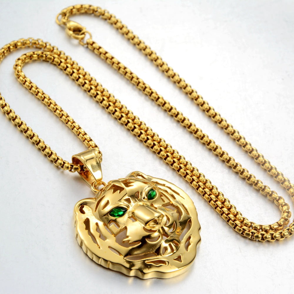 14K Yellow Gold Hip Hop Punk Iced Out Green Red Eye Tiger Head Pendant ...