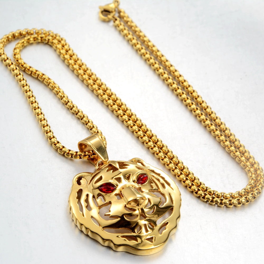 14K Yellow Gold Hip Hop Punk Iced Out Green Red Eye Tiger Head Pendant ...