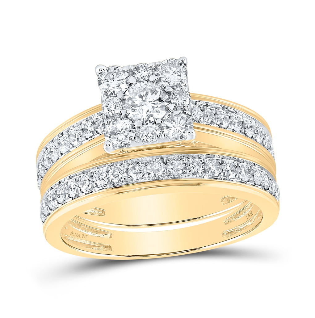 14K Yellow Gold His Hers Round Diamond Cluster Matching Wedding Set 2-1 ...