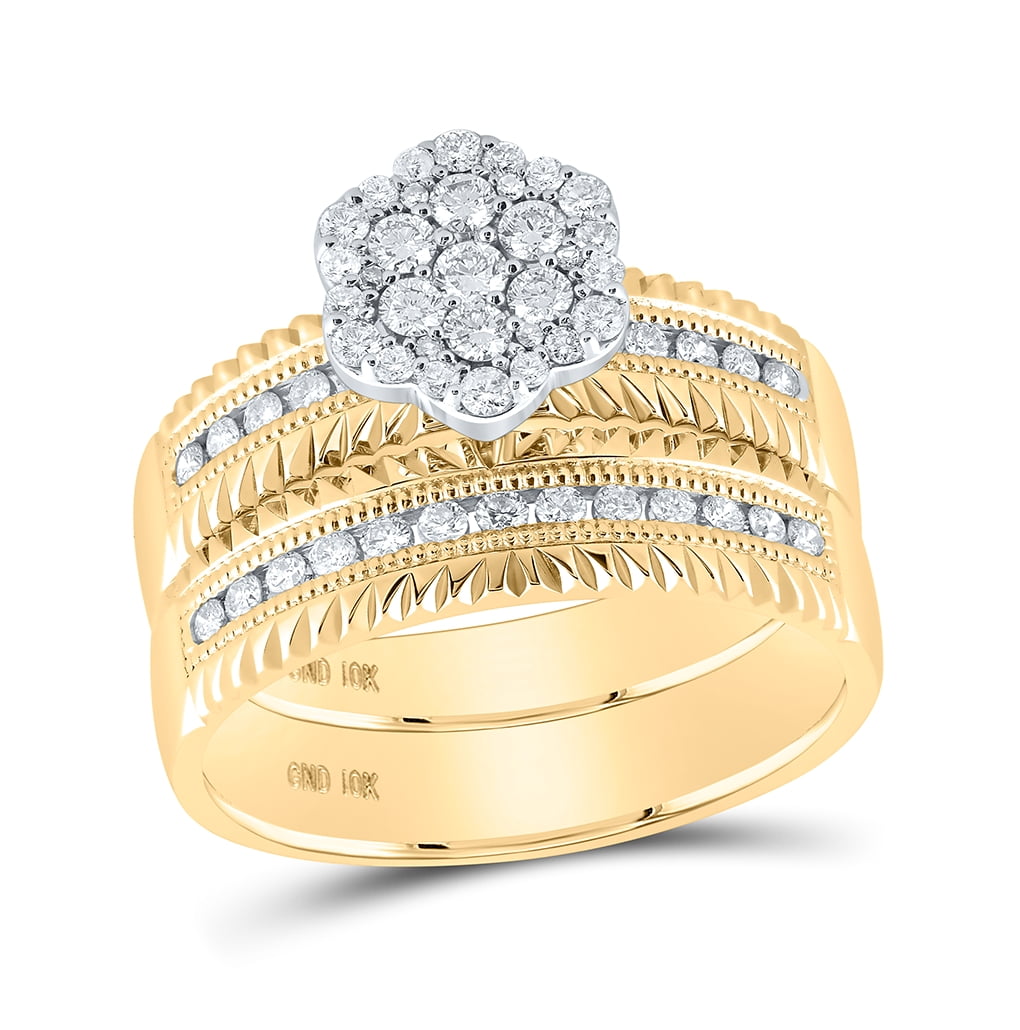 14K Yellow Gold His Hers Round Diamond Cluster Matching Wedding Set 3 ...