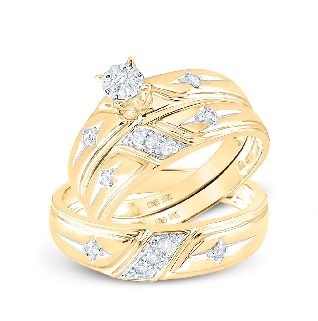 14K Yellow Gold His Hers Round Diamond Cross Matching Wedding Set 1/5 ...