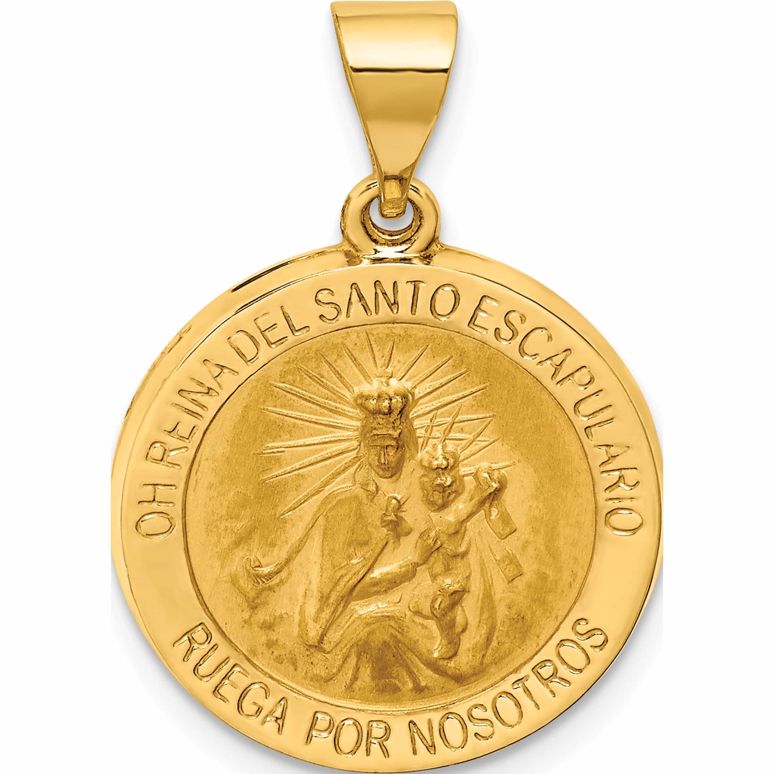 14K Yellow Gold Hollow Round Spanish Escapulario Reversible Medal (25 X ...