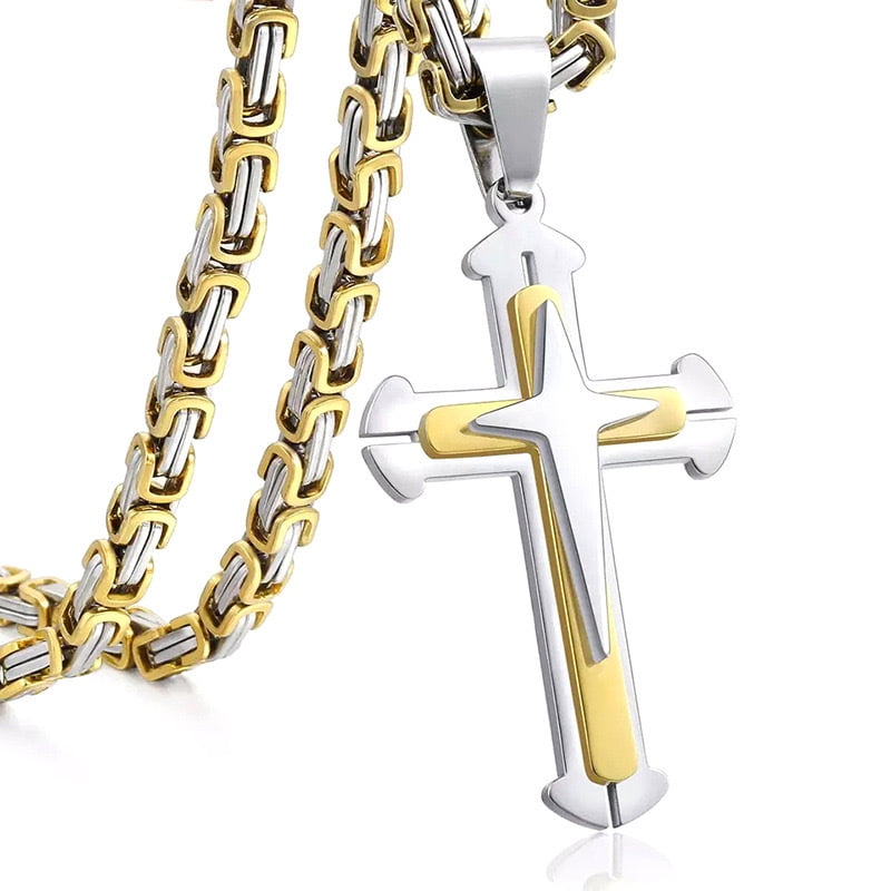 14K Yellow Gold Jesus Cross Long Necklace Men Necklace Pendant Lucky ...