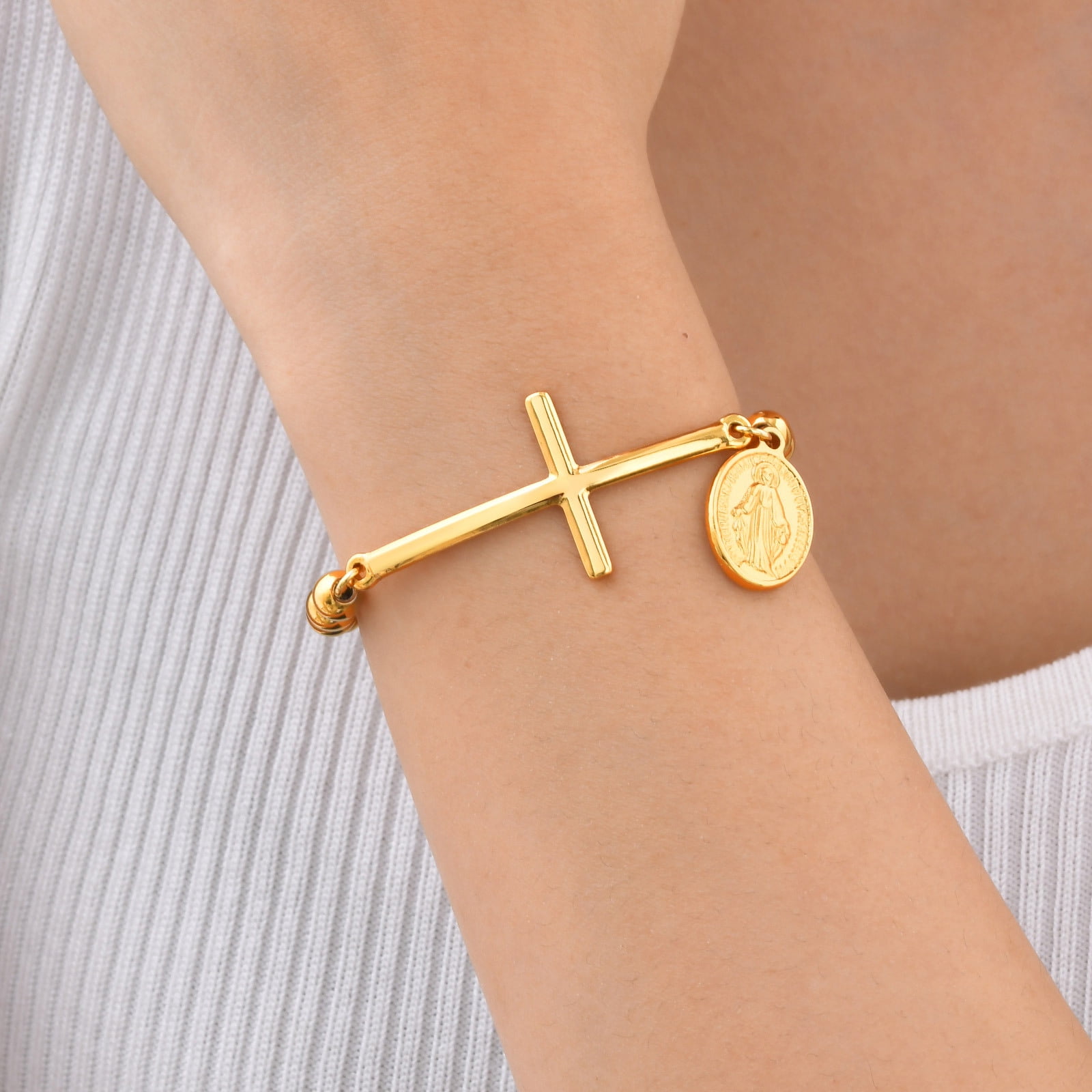 14K Yellow Gold Jesus Religious Cross Pendant Bead Chain Bracelet For ...