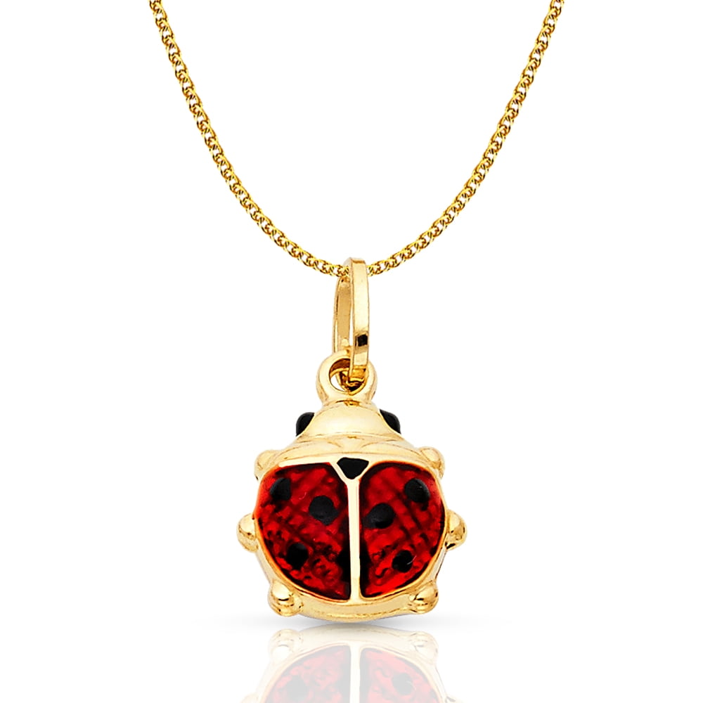 14K Yellow Gold Lady Bug Colored Enamel Lucky Charm Pendant with 1.4mm ...