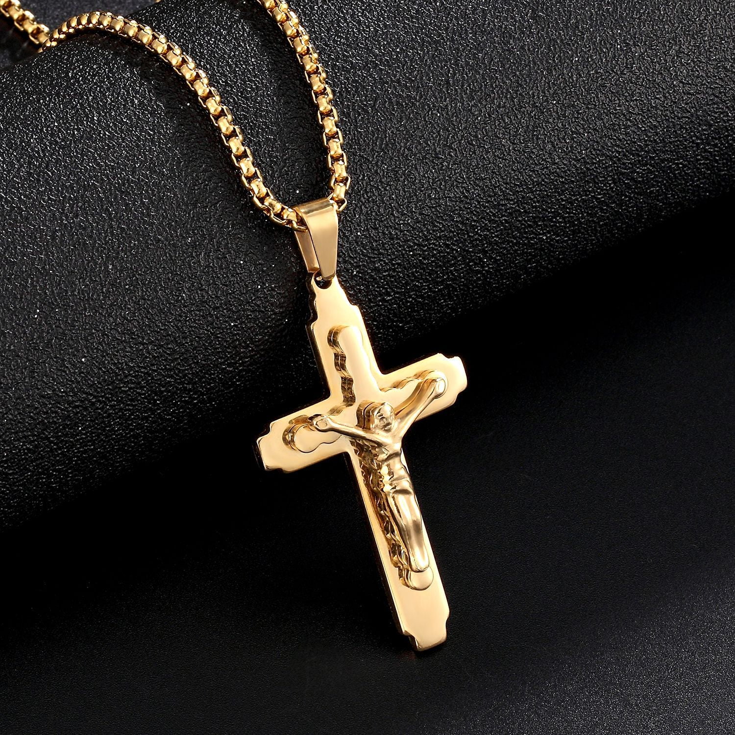 14K Yellow Gold Link Chain Jesus Cross Crucifix Pendant&Necklaces Men ...