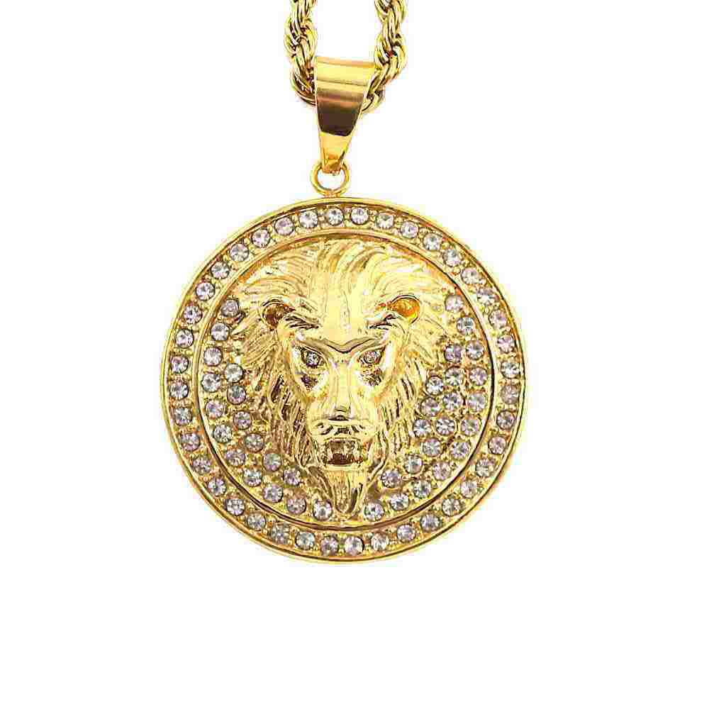 14K Yellow Gold Lions Head Luxury Zircon Round Pendant Hip Hop Collar ...