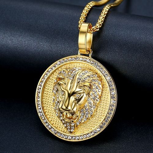 14K Yellow Gold Lions Head Luxury Zircon Round Pendant Hip Hop Collar ...