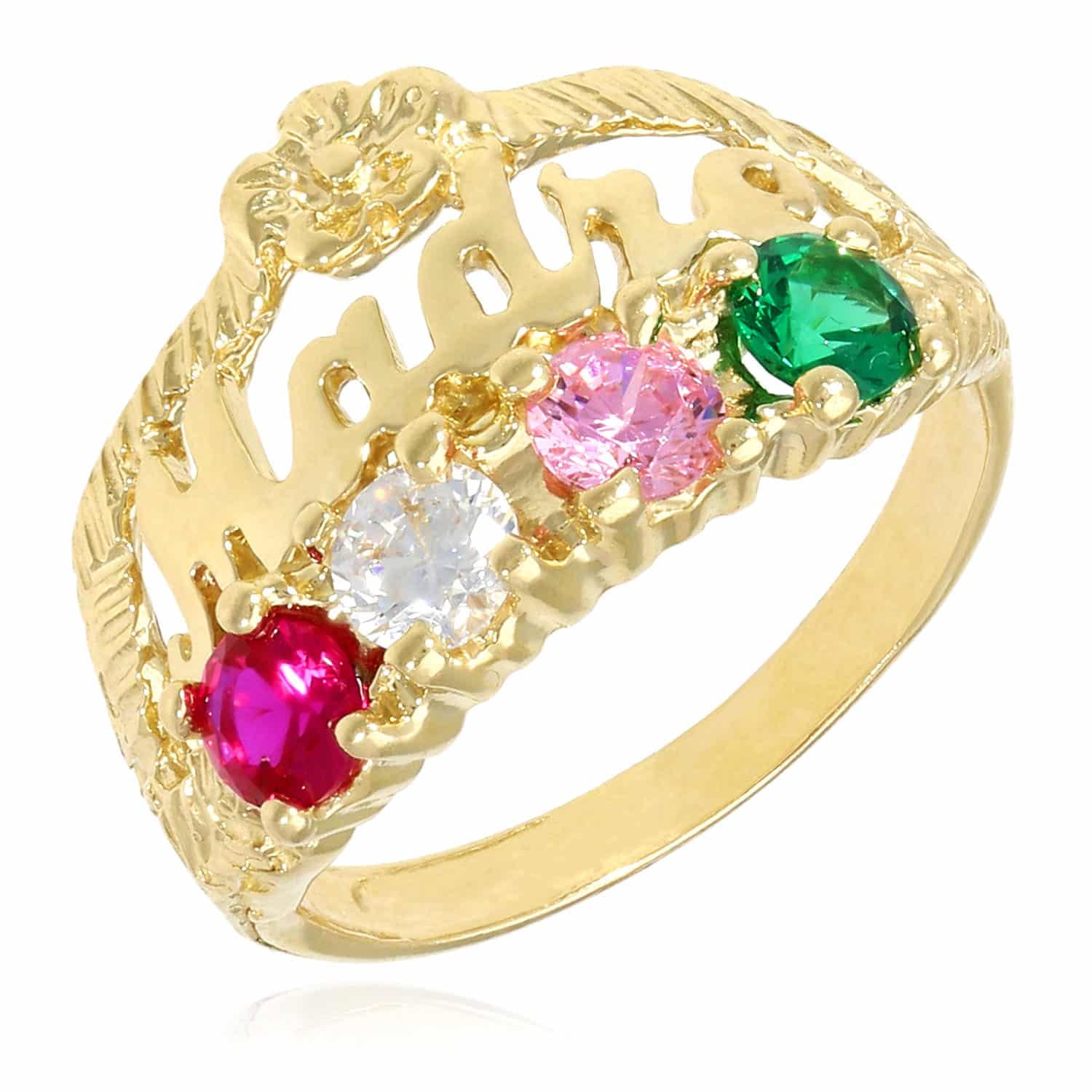 14K Yellow Gold Multi-Color Simulated Birthstones MADRE Mother Ring ...