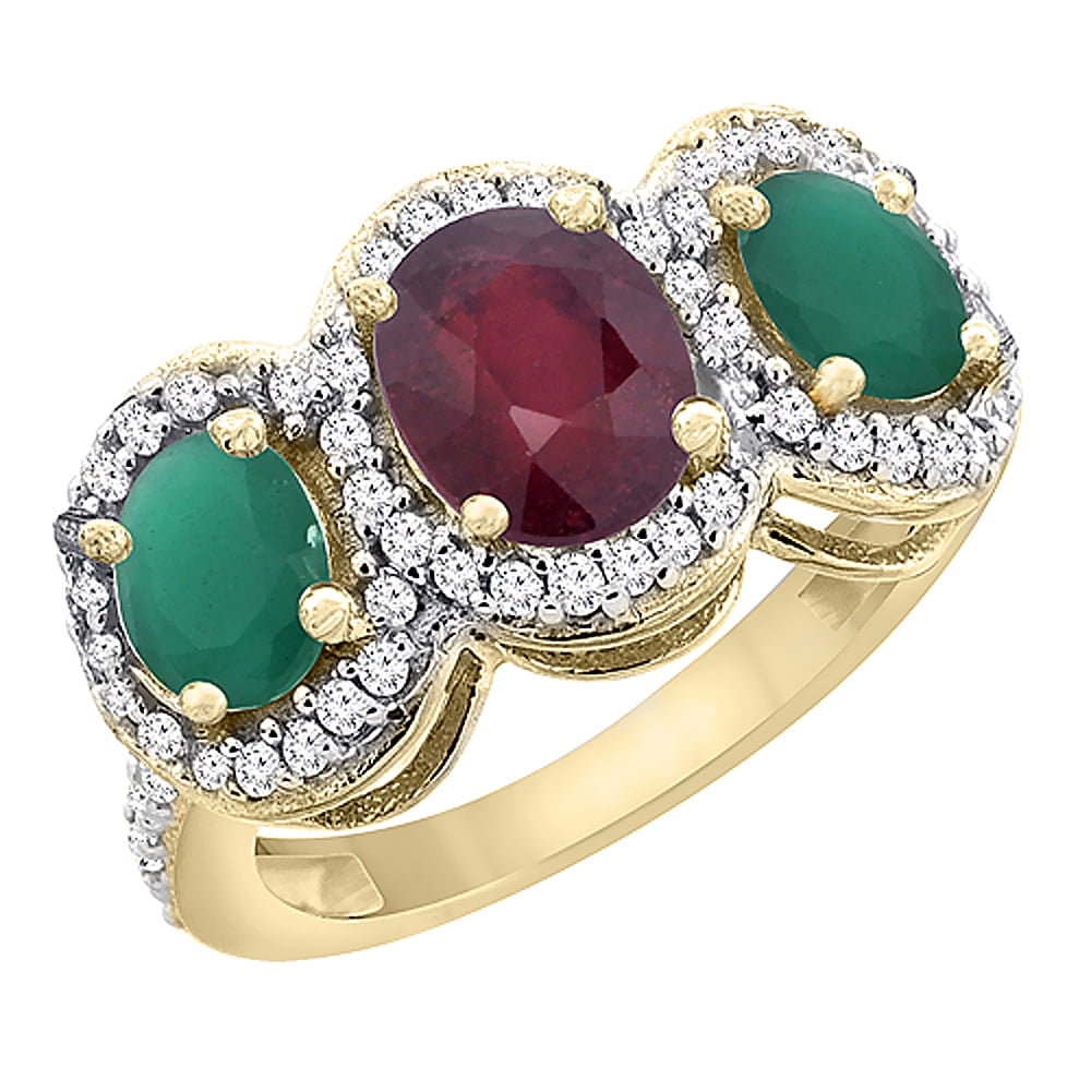 14K Yellow Gold Natural HQ Ruby & Emerald 3-Stone Ring Oval Diamond ...