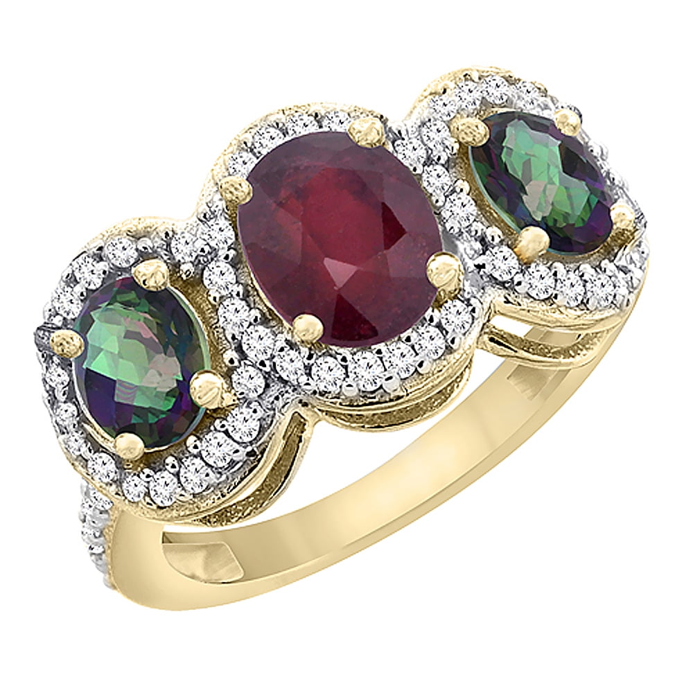 14K Yellow Gold Natural HQ Ruby & Mystic Topaz 3-Stone Ring Oval ...