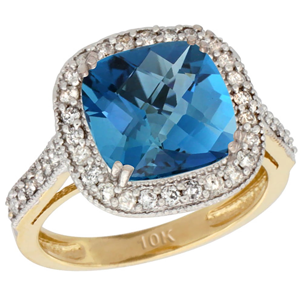 14K Yellow Gold Natural London Blue Topaz Ring Cushion-cut 9x9mm ...