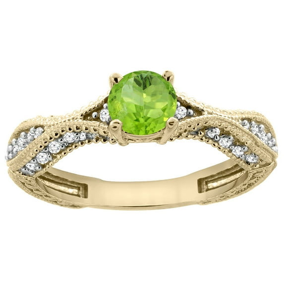 14K Yellow Gold Natural Peridot Round 5mm Engraved Engagement Ring ...