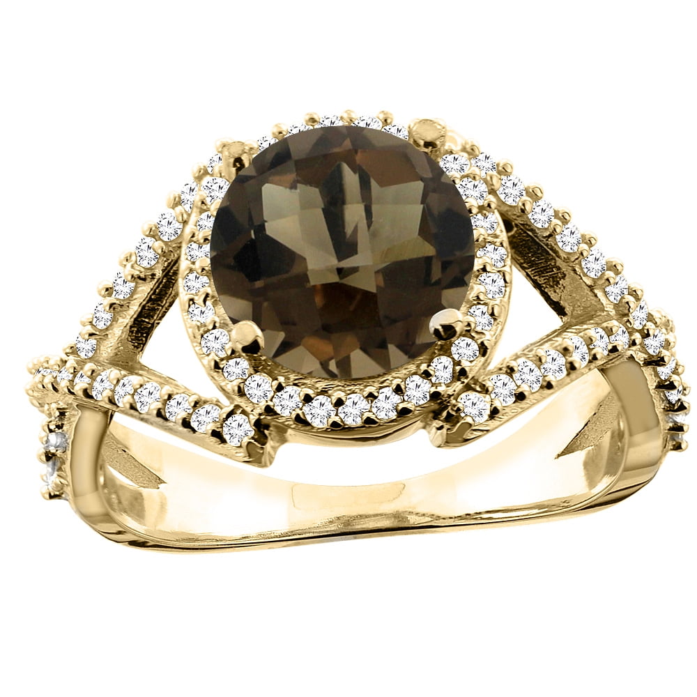 14K Yellow Gold Natural Smoky Topaz Ring Round 8mm Diamond Accent, size ...