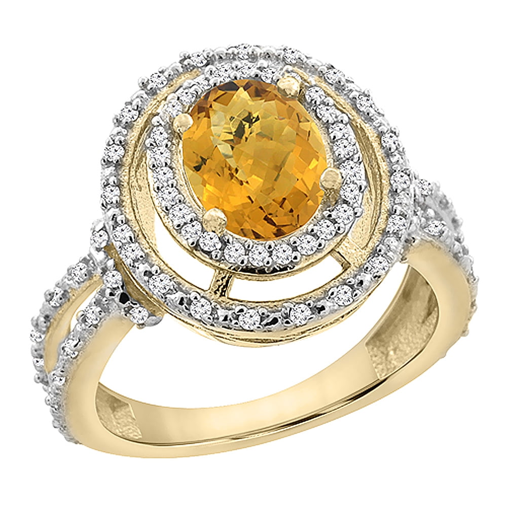 14K Yellow Gold Natural Whisky Quartz Ring Oval 8x6 mm Double Halo ...