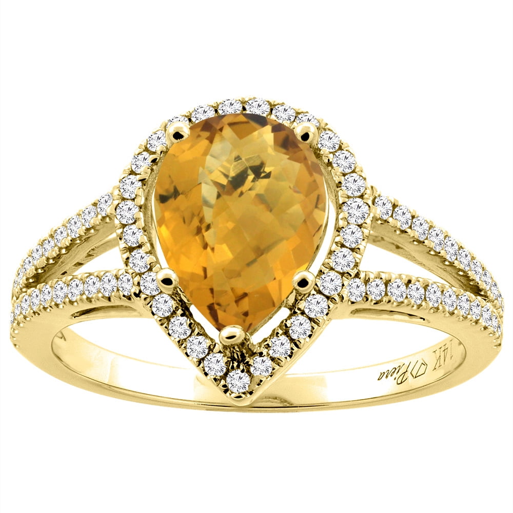14K Yellow Gold Natural Whisky Quartz Ring Pear Shape 9x7 mm Diamond ...