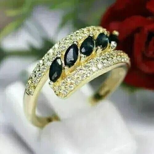 14K Yellow Gold Plated 2.40Ct Marquise Cut Lab-Created Blue Sapphire Women's Engagement Ring ...