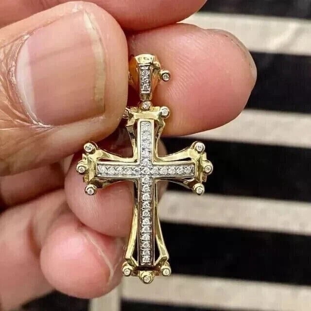 14K Yellow Gold Plated 2Ct Round Cut Lab Created Diamond Cross Pendant ...