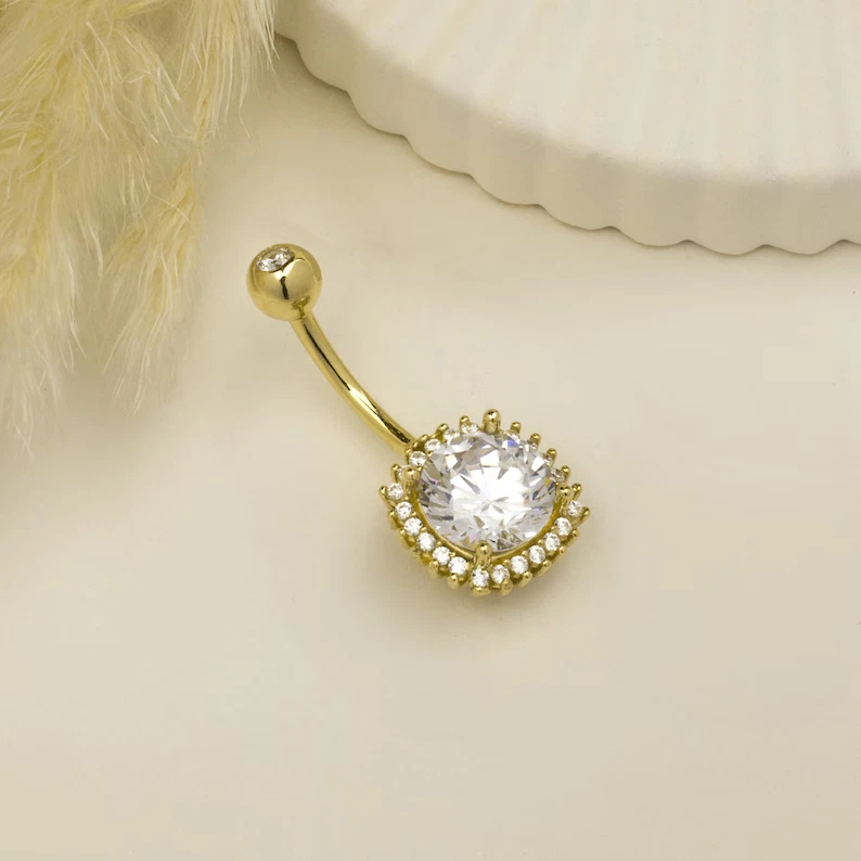 14K Yellow Gold Plated 2Ct Round Cut Simulated Diamond Women's Navel ...