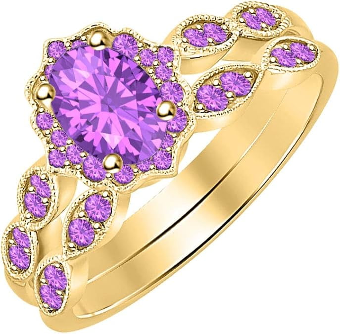 14K Yellow Gold-Plated 925 Sterling Silver Oval Shape Amethyst Vintage ...