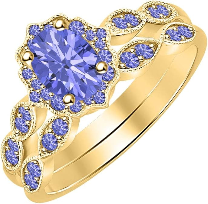 14K Yellow Gold-Plated 925 Sterling Silver Oval Shape Tanzanite Vintage Style Wedding Engagement ...