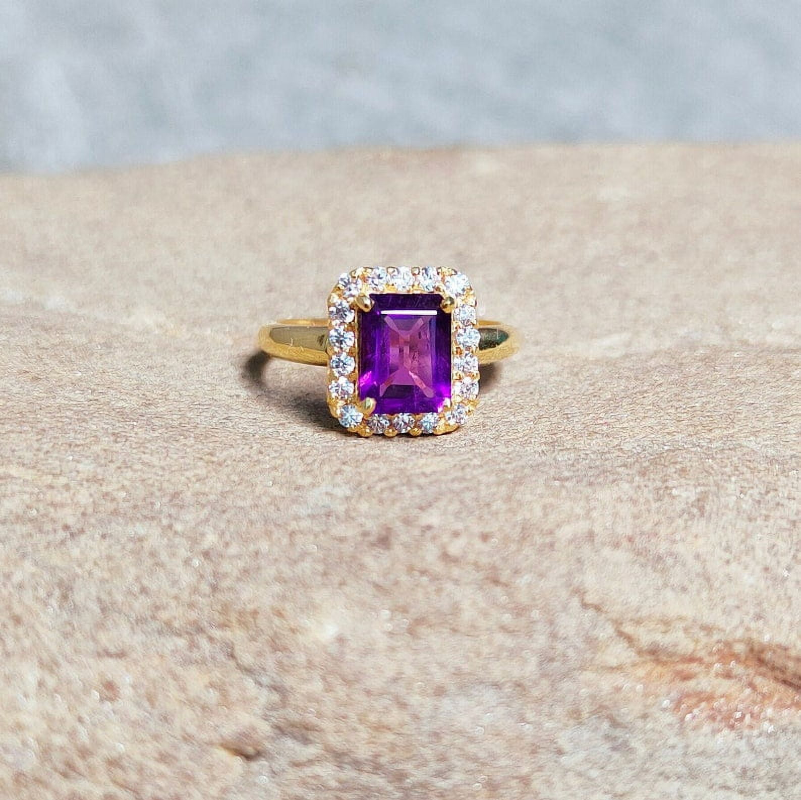 14K Yellow Gold Plated Natural Emerald Cut Purple Amethyst Ring 925 ...