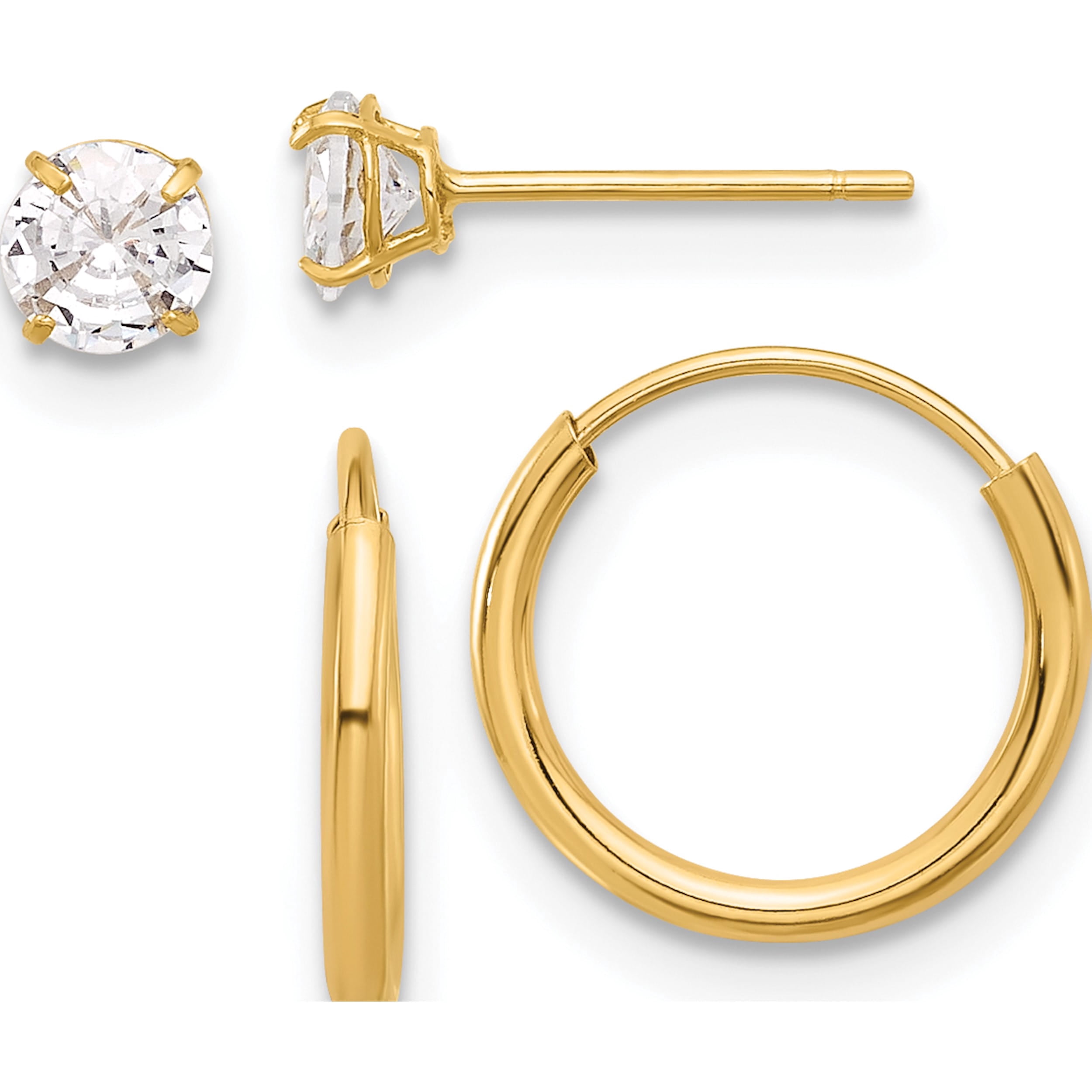 14K Yellow Gold Polished Cz Studs And Small Endless Hoop Earring Set ...