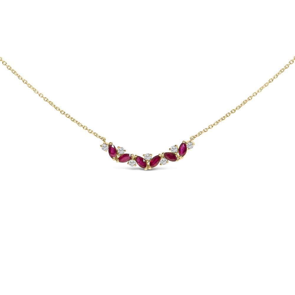 14K Yellow Gold Red Ruby and Diamond Trio Bar Line Necklace (I-J Color ...