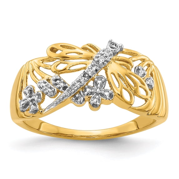 14K Yellow Gold Rhodium Diamond Dragonfly Ring (0.02Cttw) Ring Size 7 ...