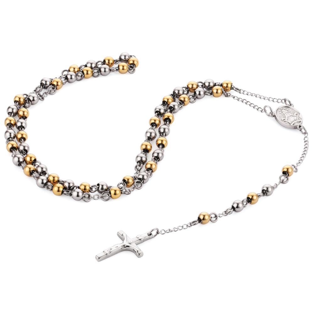 14K Yellow Gold Rosary Beads Jesus Pendant Necklace Catholic Long Chain ...