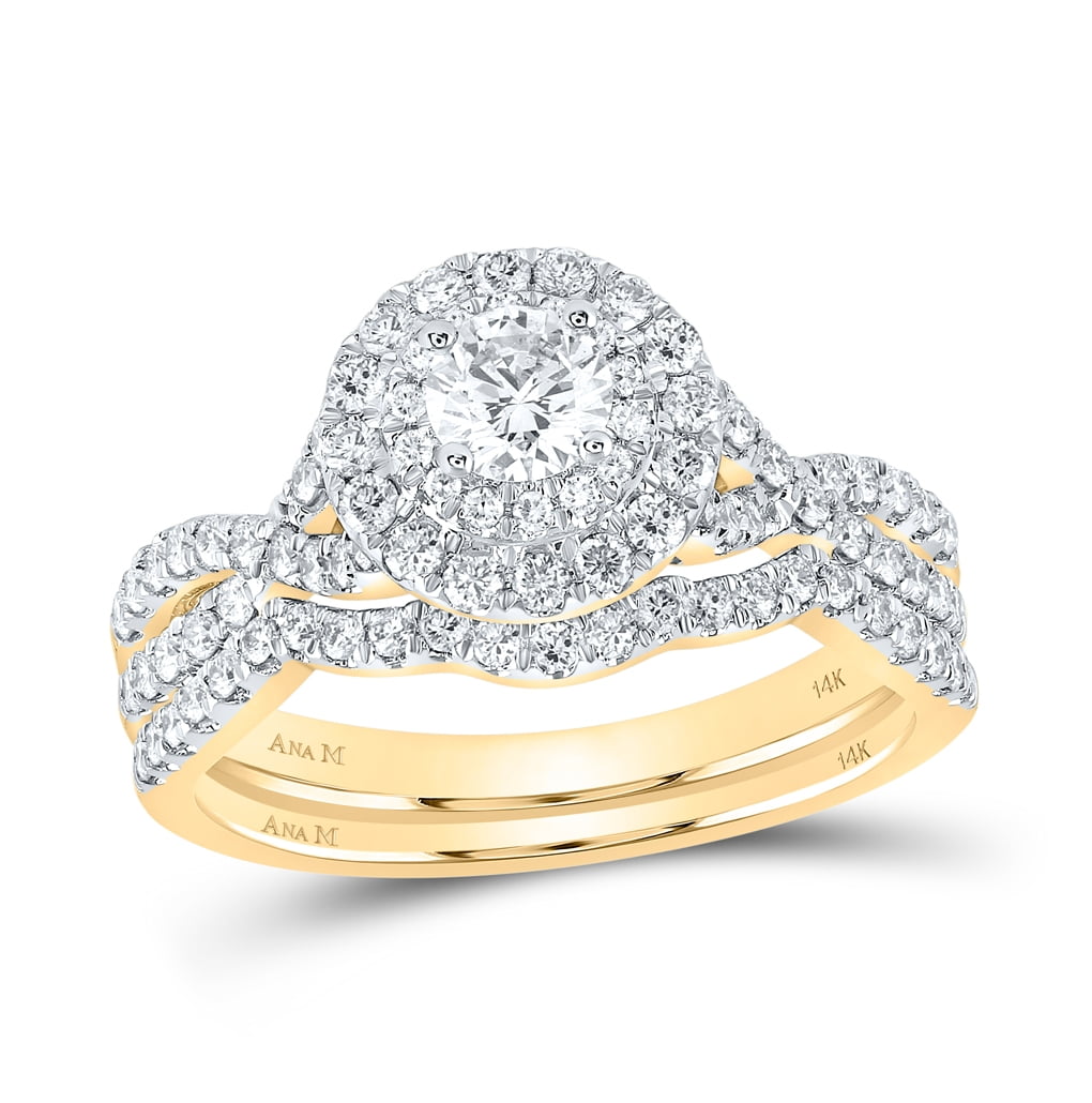 14K Yellow Gold Round Dia. Halo Bridal Wedding Band Set 1ctw, Women's ...