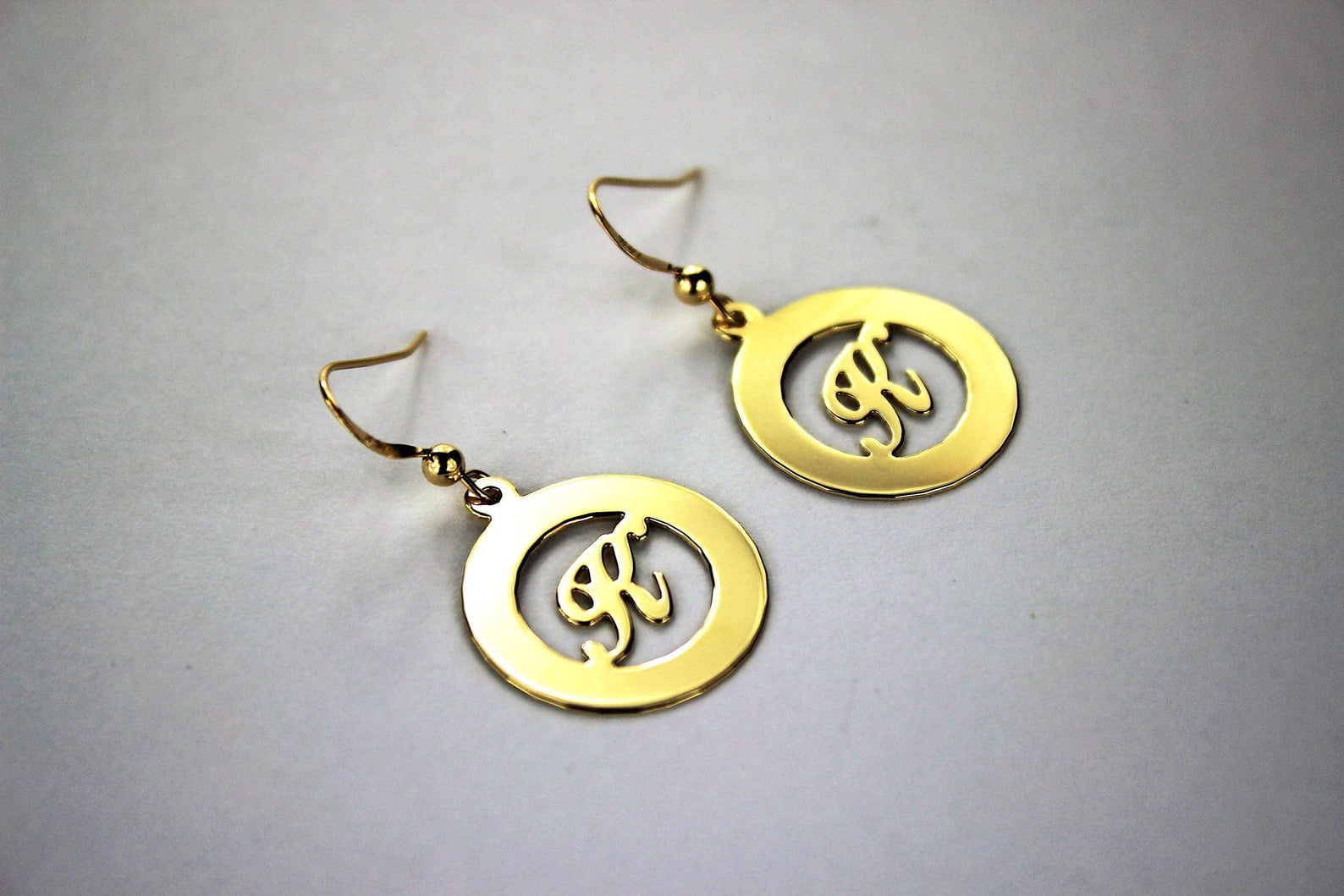 14K Yellow Gold Round Initial Letter Alphabet Dangle Hook Earrings High ...