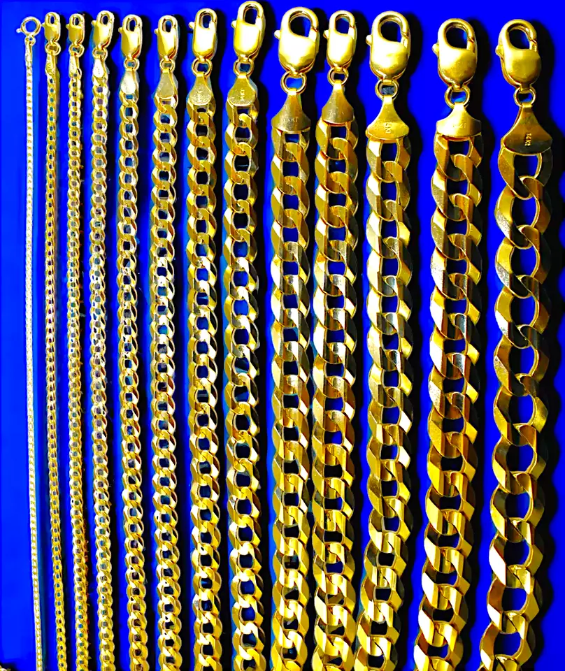 14K Yellow Gold SOLID Curb Cuban Chain Necklace Bracelet Real Men Women ...