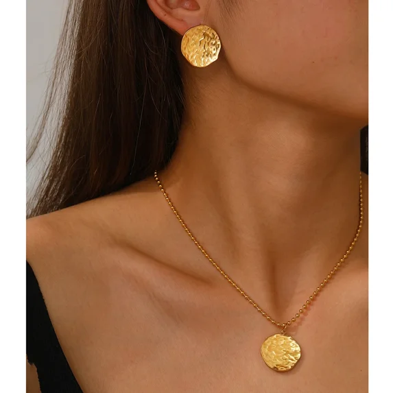 14K Yellow Gold Set Embossed Abstract Pleated Texture Necklace Earrings ...