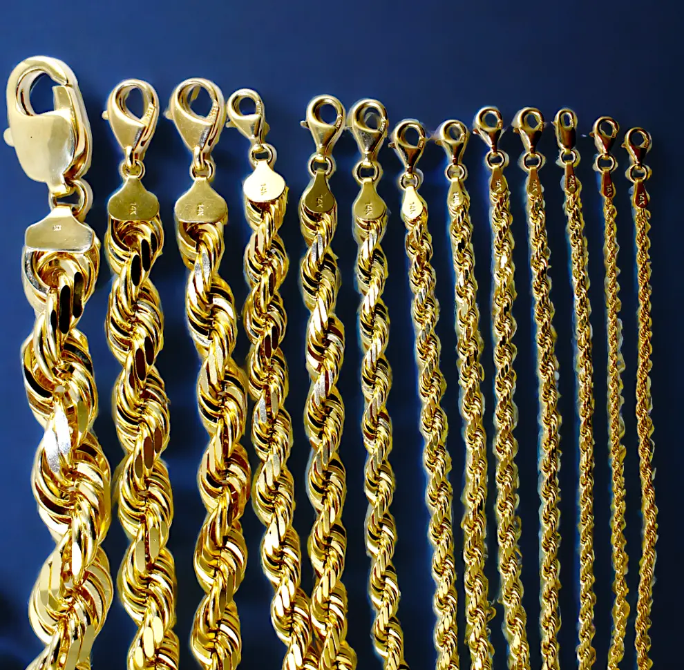 14K Yellow Gold Solid Rope Chain Necklace Diamond Cut Real Men Women ...